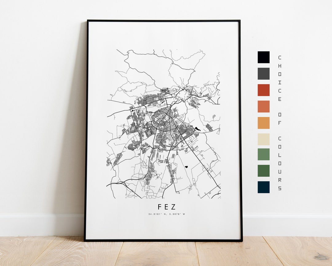 Fez Map Print - City Map Poster - Map Art - Map Wall Art - Morocco City ...