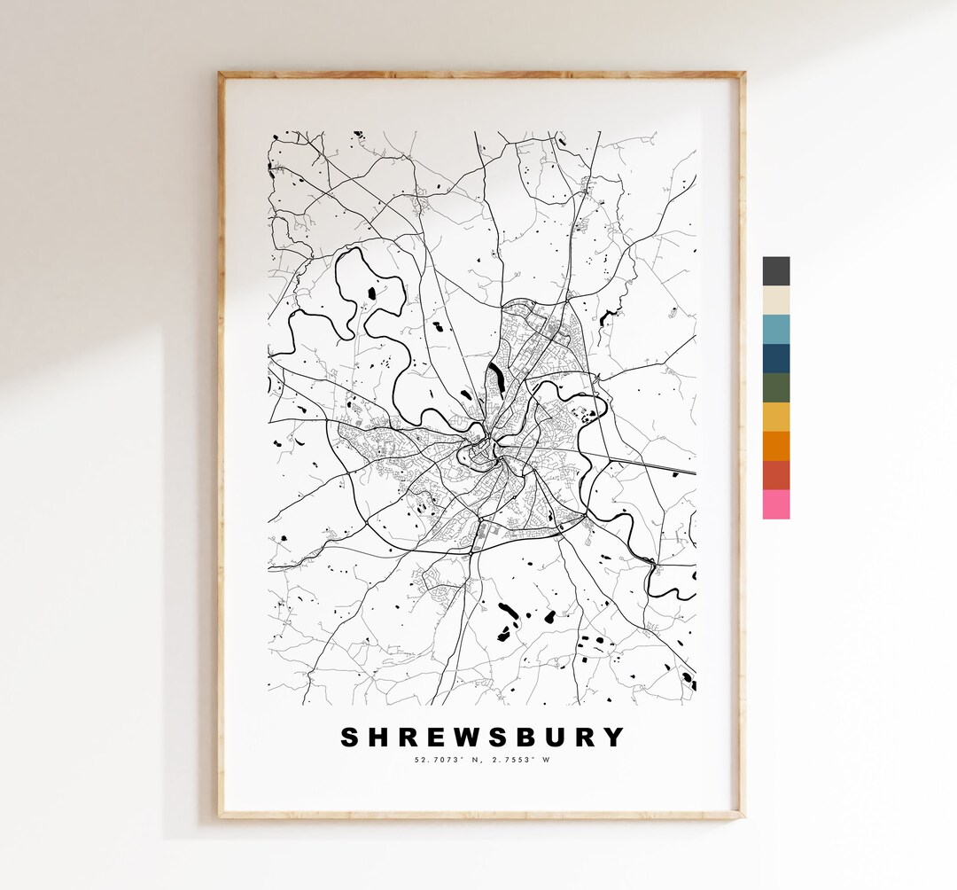 Shrewsbury Map Print - Minimalist City Map Poster - Map Art - UK - Shrewsbury Print - Shrewsbury ...