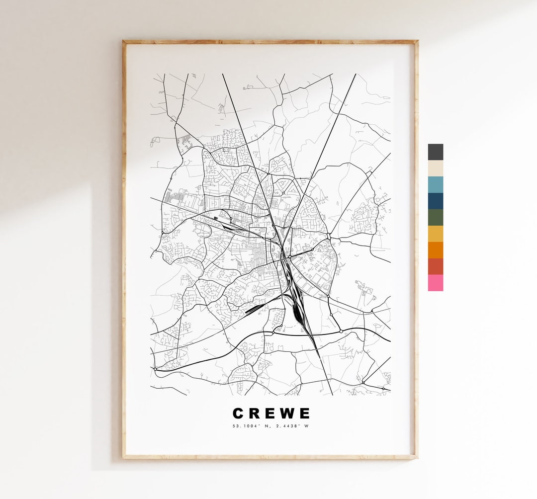 Crewe Map Print - Minimalist City Map Poster - Map Wall Art - UK - Crewe Print - Crewe Poster ...