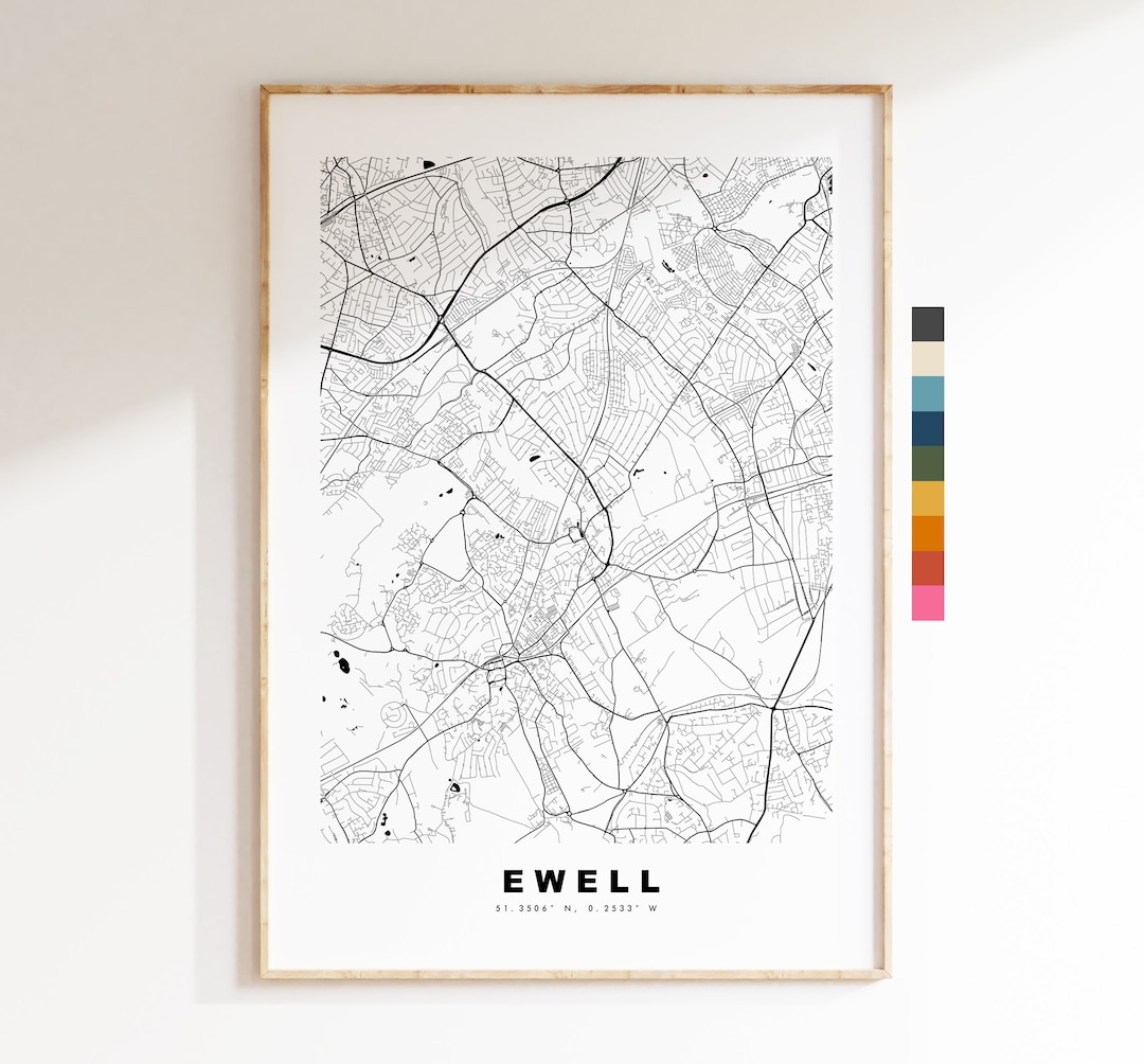 Ewell Map Print - Minimalist City Map Poster - Map Art - UK - Ewell ...