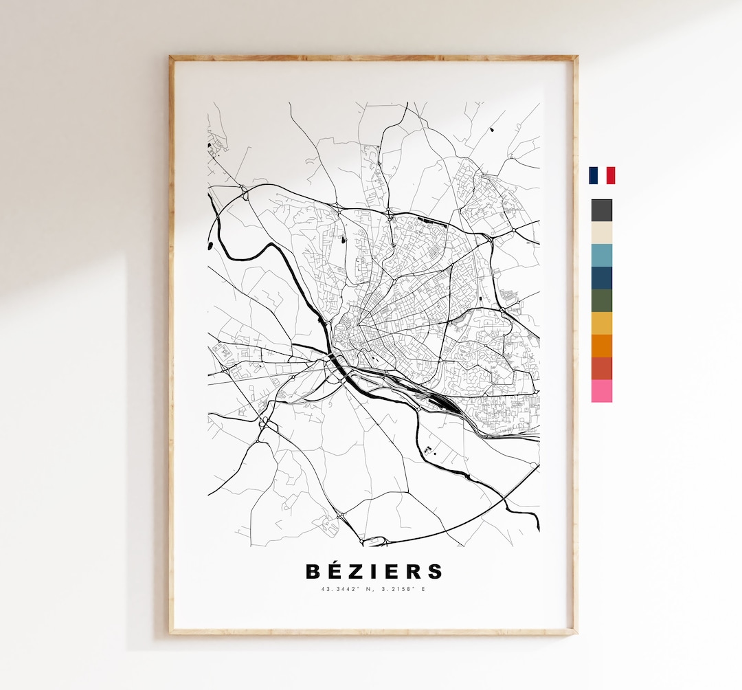 Beziers Map Print - City Map Poster - Map Wall Art - France City Maps ...