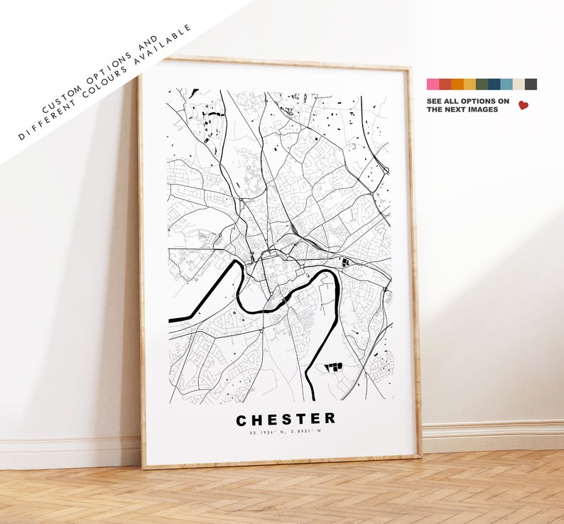 Chester Map Print - Minimalist City Map Poster - Map Wall Art - UK ...