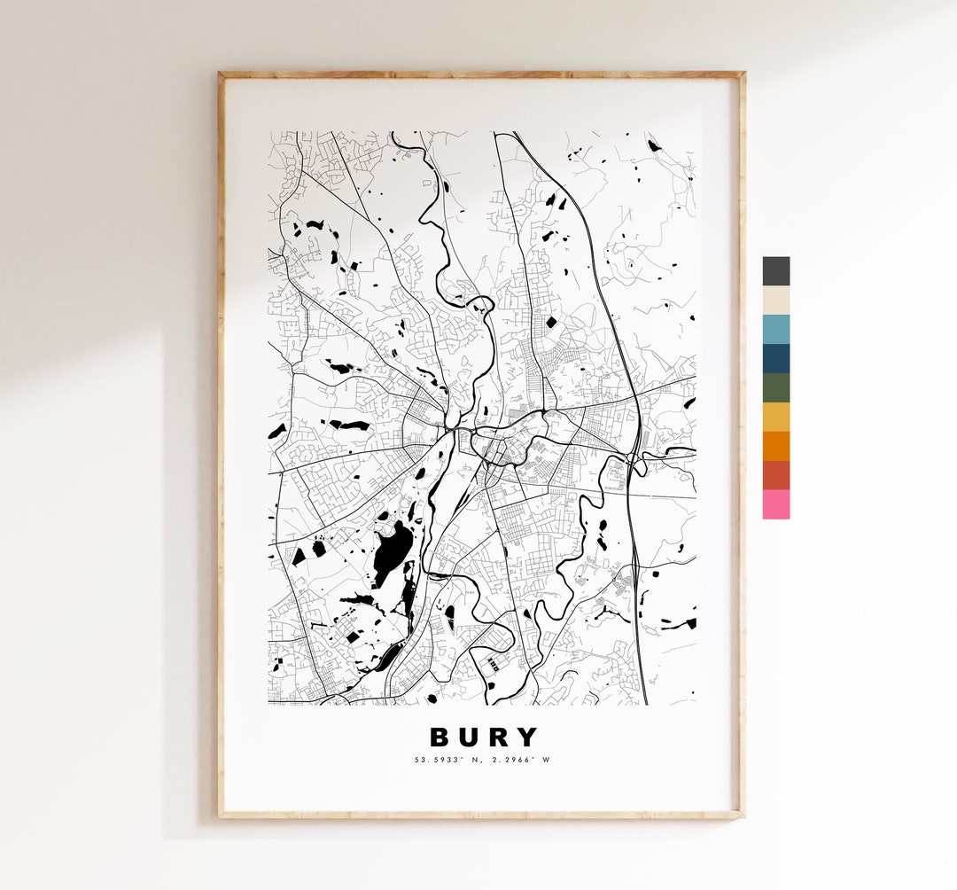Bury Map Print - Minimalist City Map Poster - Map Wall Art - UK - Bury ...