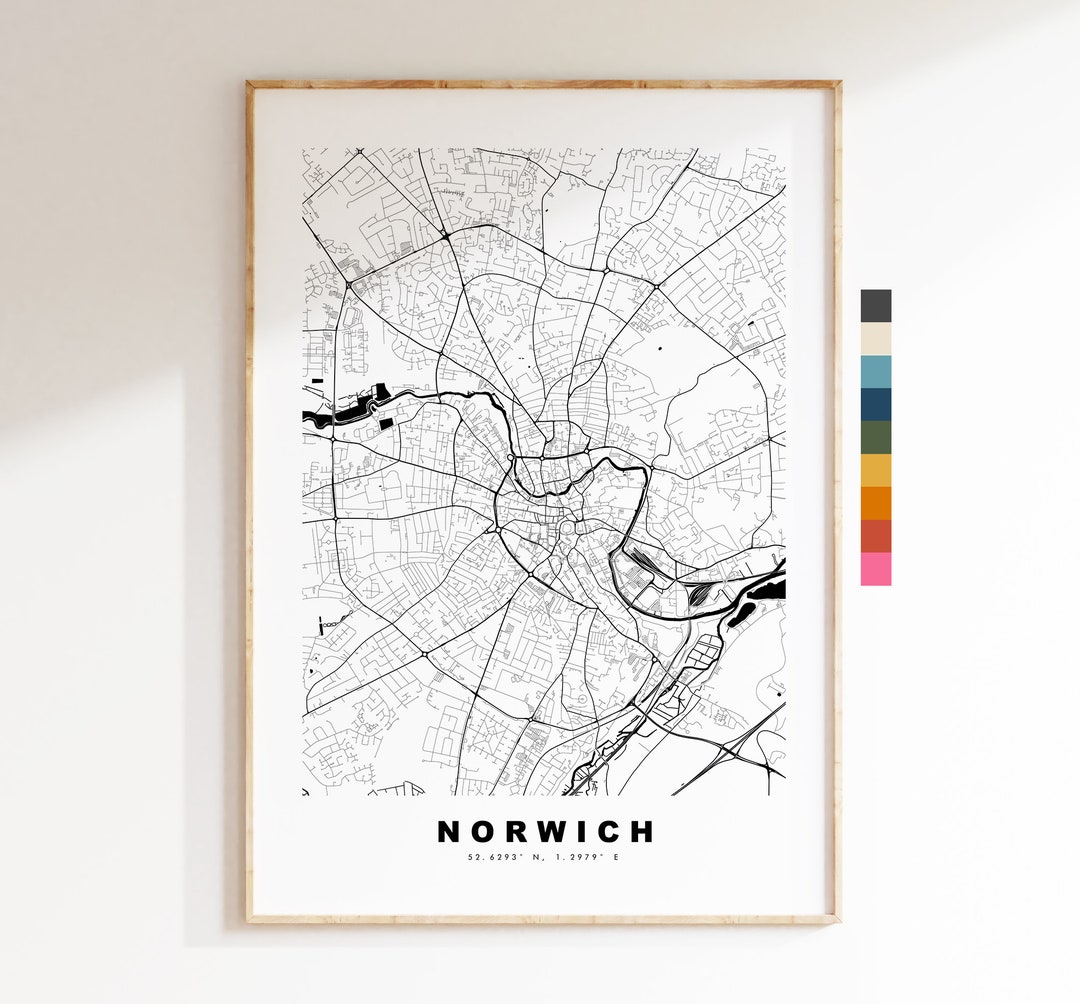 Norwich Map Print - Minimalist City Map Poster - Map Art - UK - Norwich ...