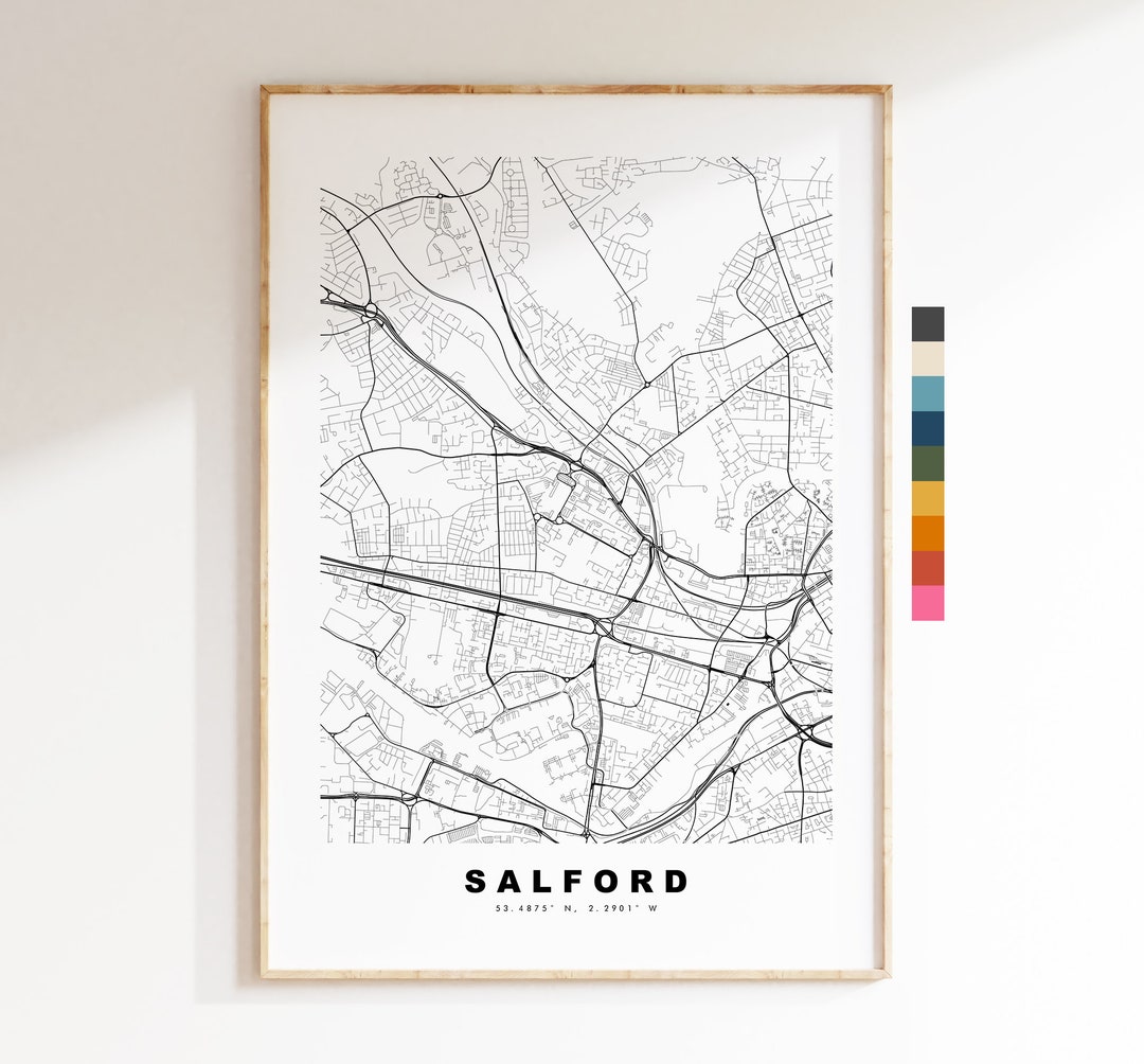 Salford Map Print - Minimalist City Map Poster - Map Art - UK - Salford ...