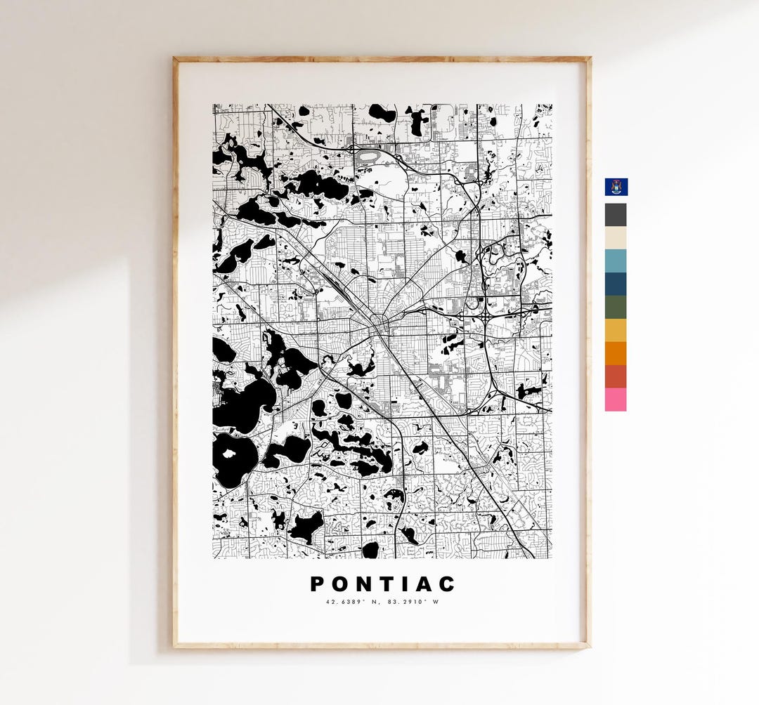 Pontiac Map Print - City Map Poster - Map Art - USA City Maps - Pontiac ...