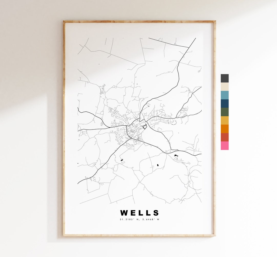 Wells Map Print - Minimalist City Map Poster - Map Art - UK - Wells ...