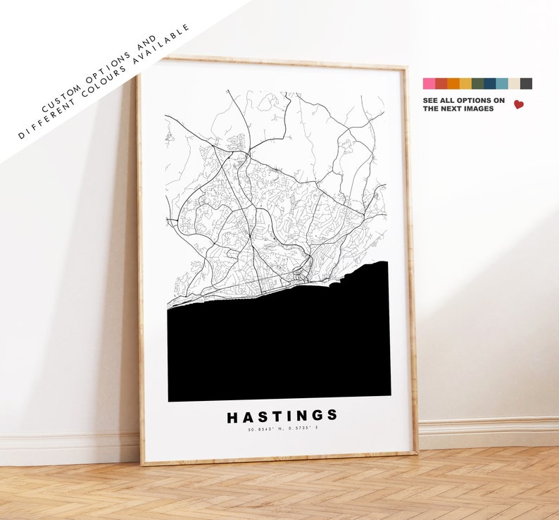 Hastings Map Print - Minimalist City Map Poster - Map Wall Art - UK ...