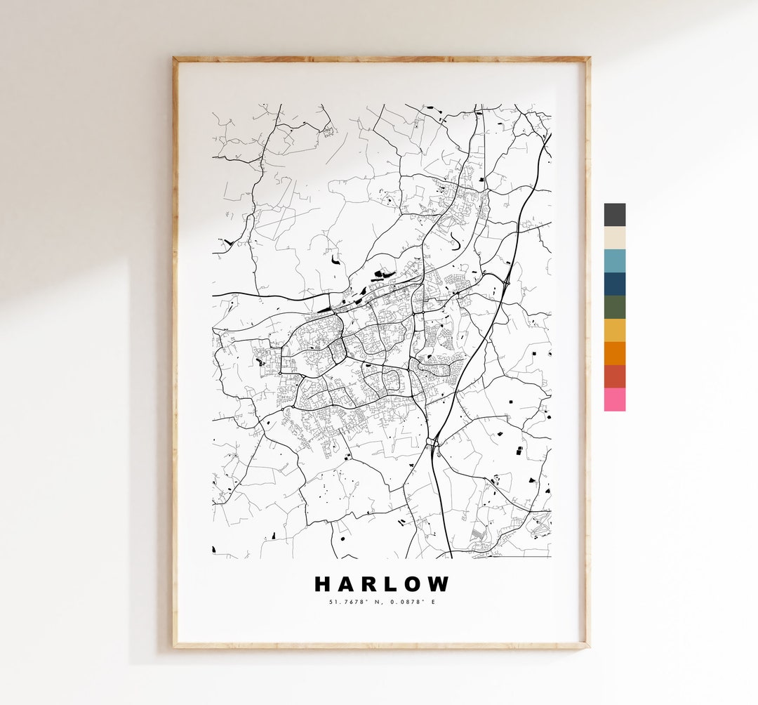 Harlow Map Print - Minimalist City Map Poster - Map Wall Art - UK ...