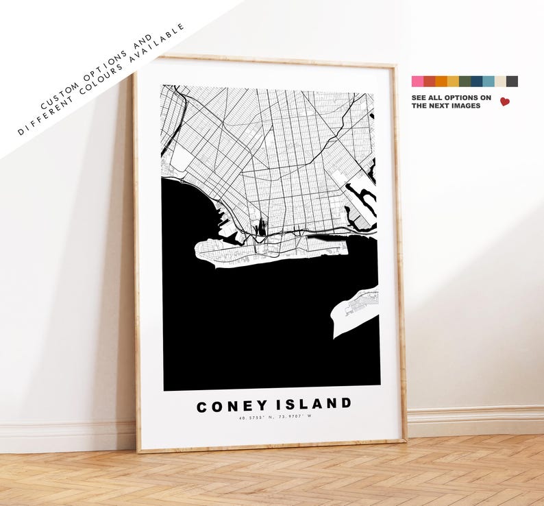 Coney Island Map Print - City Map Poster - Map Art - USA City Maps ...