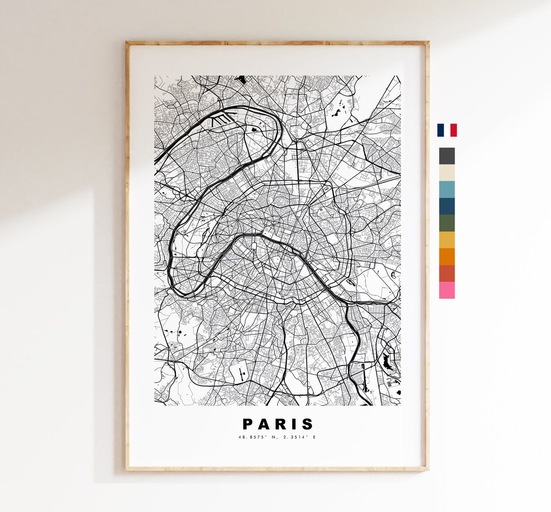 Paris Map Print - City Map Poster - Map Wall Art - France City Maps ...