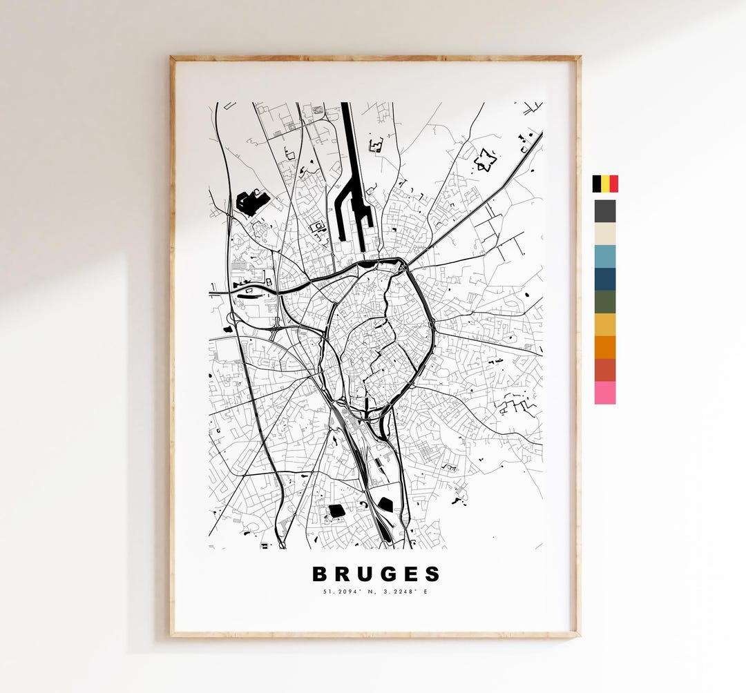 Bruges Map Print - City Map Poster - Map Art - Map Wall Art - Belgium ...