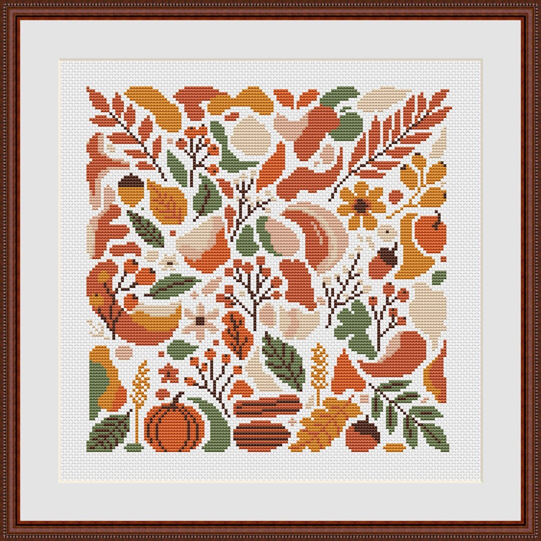 Autumn Harvest Cross Stitch Pattern, Fall Leaves Pumpkins Acorns (PDF ...