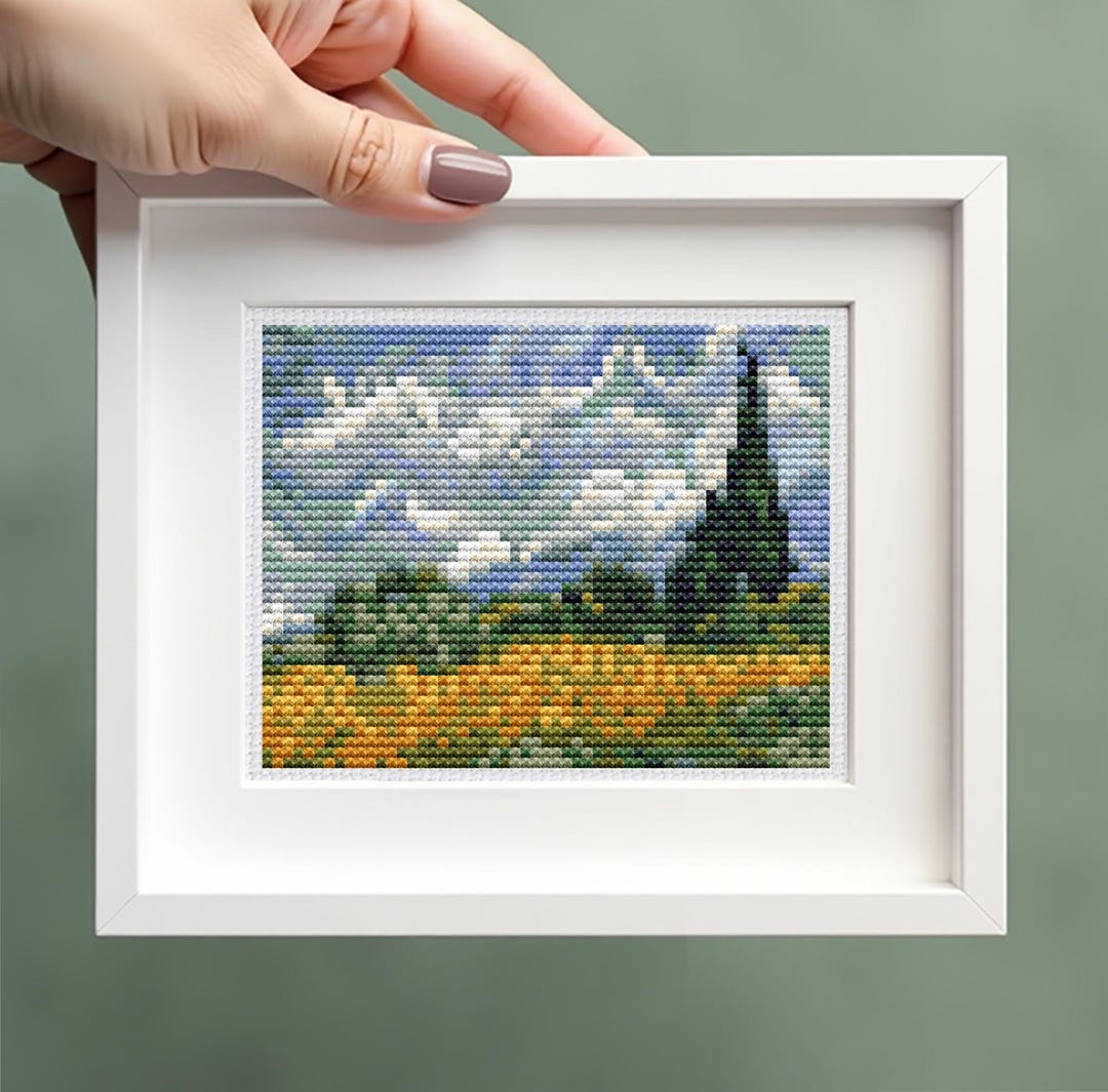 Mini Painting Cross Stitch Pattern, Wheatfield With Cypresses Van Gogh ...