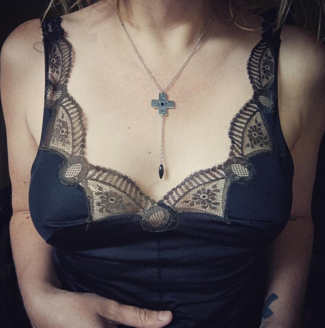 Handmade Silver Cross Necklace, Minimalist Aluminum Pendant, Witch Engraved Jewelry, Triple Moon ...