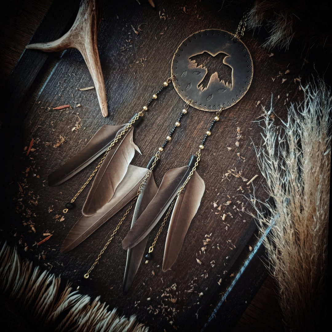 Openwork Raven Decoration in Black Brass and Natural Feathers - Etsy