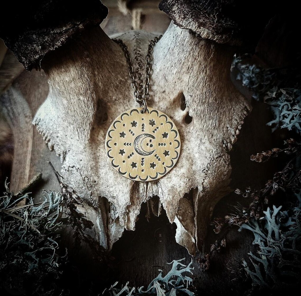 Medal Pendant, Moon and Star Medallion, Brass Engraving Necklace, Gold ...