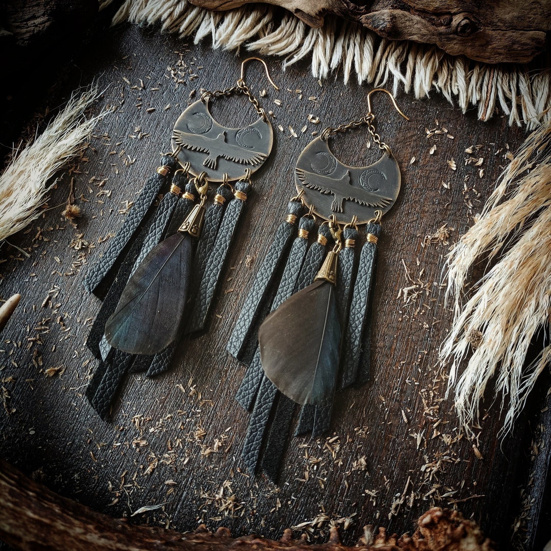 Crow Earrings Black Bird Earrings Leather Fringes Black - Etsy