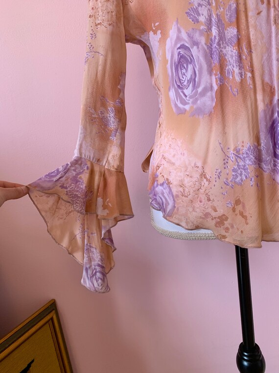 90s Vintage Dreamy Pink & Purple Rose Angel Sleeve Top - Gem