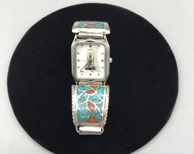 Vintage Turquoise & Coral Chip Inlay Watch, Native American Men's Watch ...