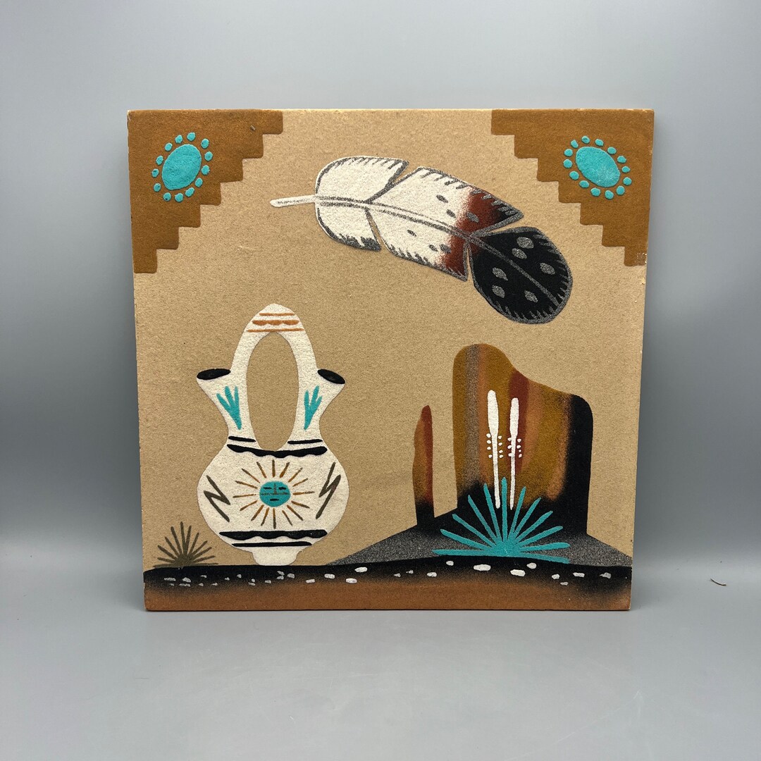 Native American Wedding Vase and Feather Sand Art Tile, Signed Arnold ...