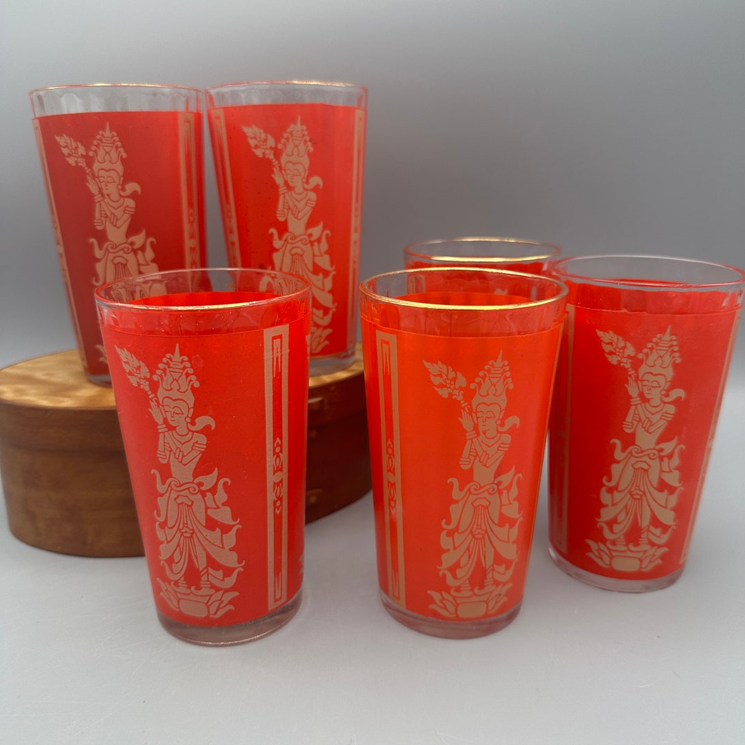 Mid Century Modern Red & Gold Thai Dancer Glasses, Set of 6 (some Flaws ...