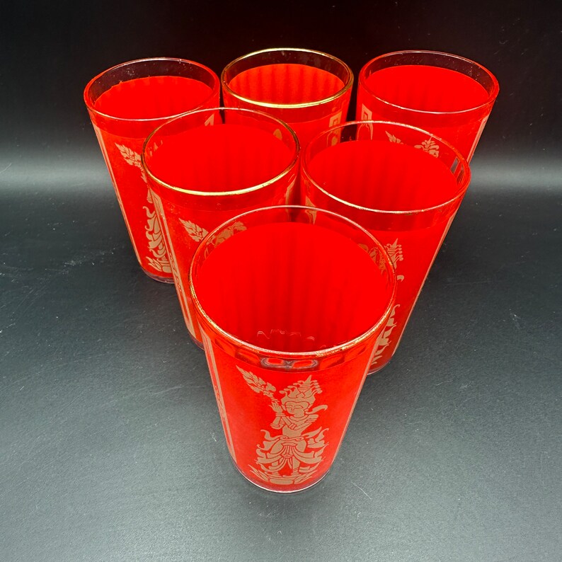Mid Century Modern Red & Gold Thai Dancer Glasses, Set of 6 (some Flaws ...