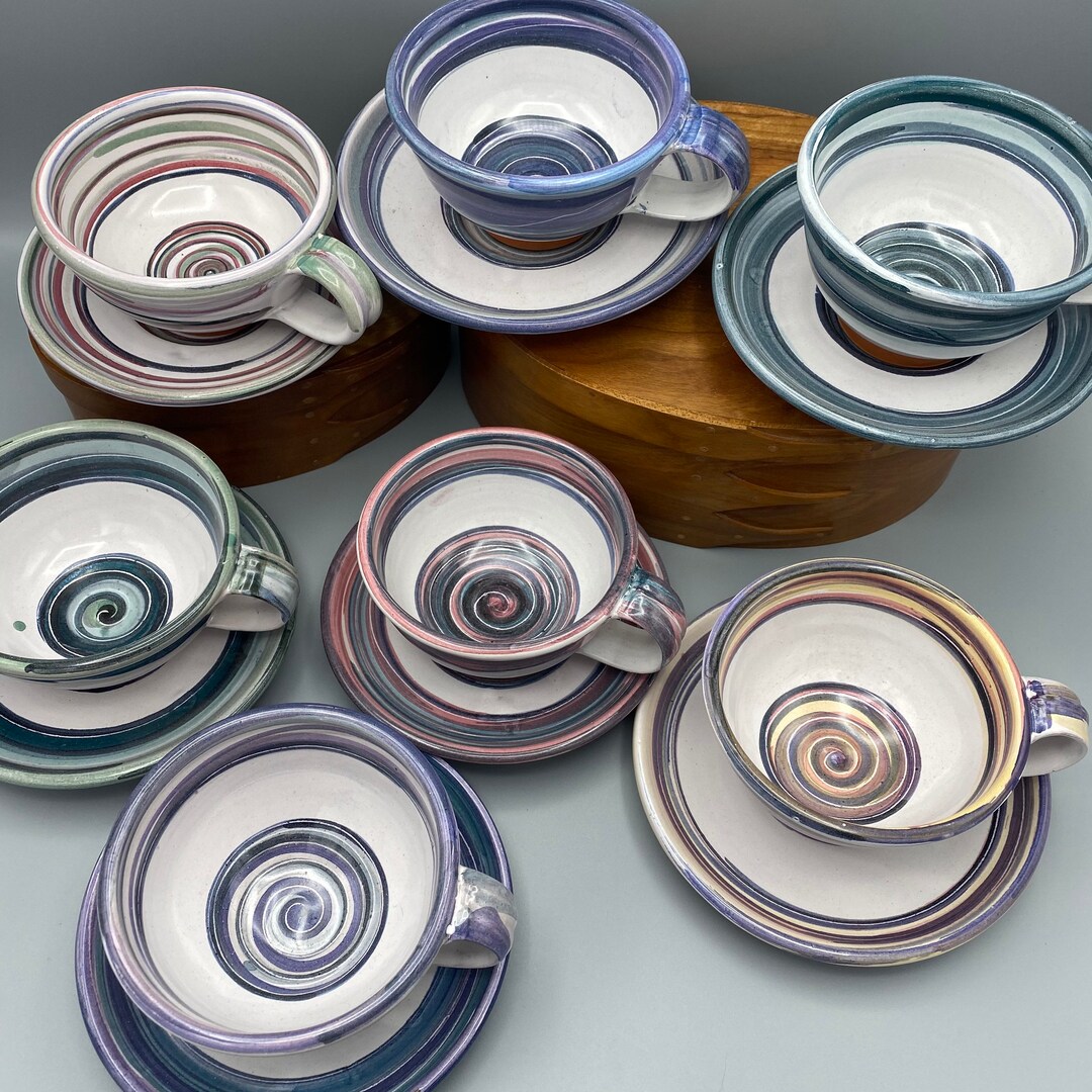 Unique Cups and Saucers, Hand-painted - Set of 7, Vintage - Etsy
