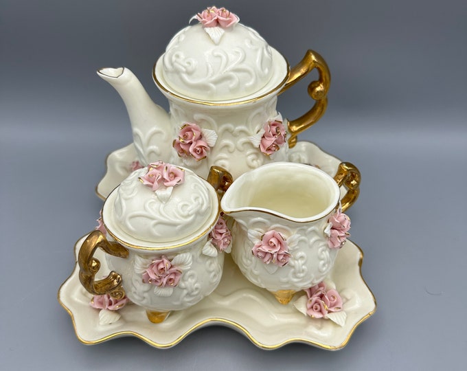 Pink Rose Porcelain Miniature Tea Set, Vintage Cracker Barrel - Etsy