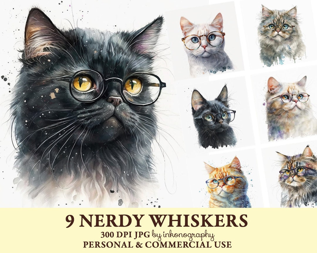 Funny Cats With Glasses, Watercolor Cats Clipart Bundle, Black Cat ...