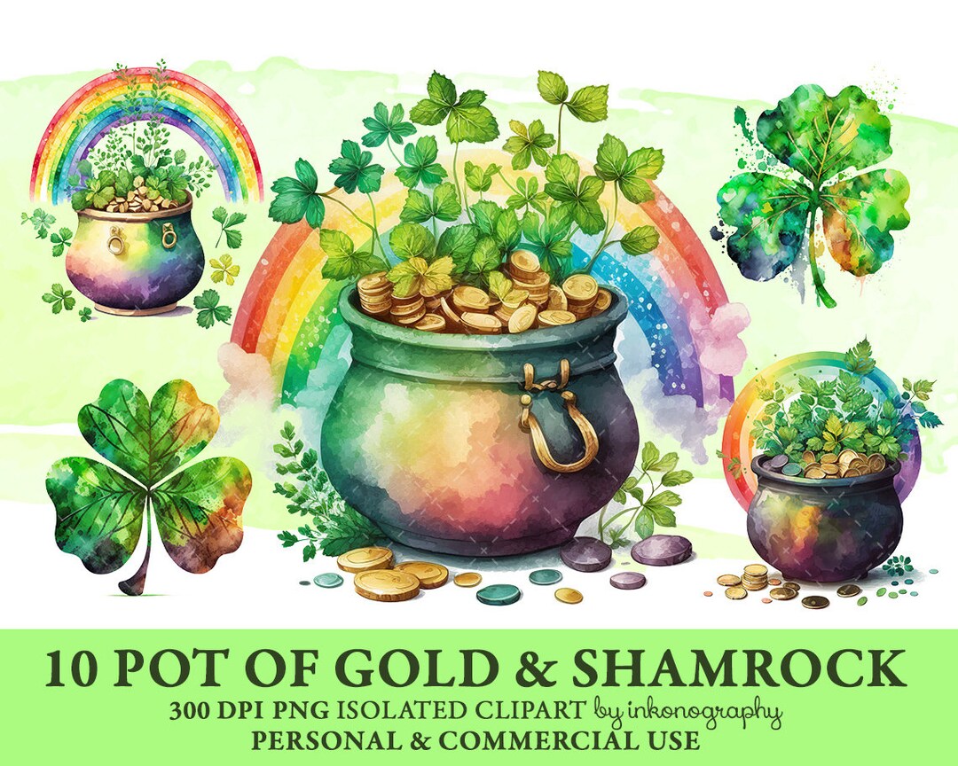 Rainbow Pot of Gold Clipart Bundle Watercolor Shamrock Png St Patrick ...