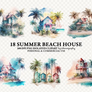 Printable Beach House Clipart Bundle, Beach Bungalow Home, Watercolor ...