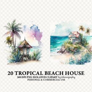 Tropical Beach House Clipart Bundle, Watercolor Ocean Clipart, Tropical ...