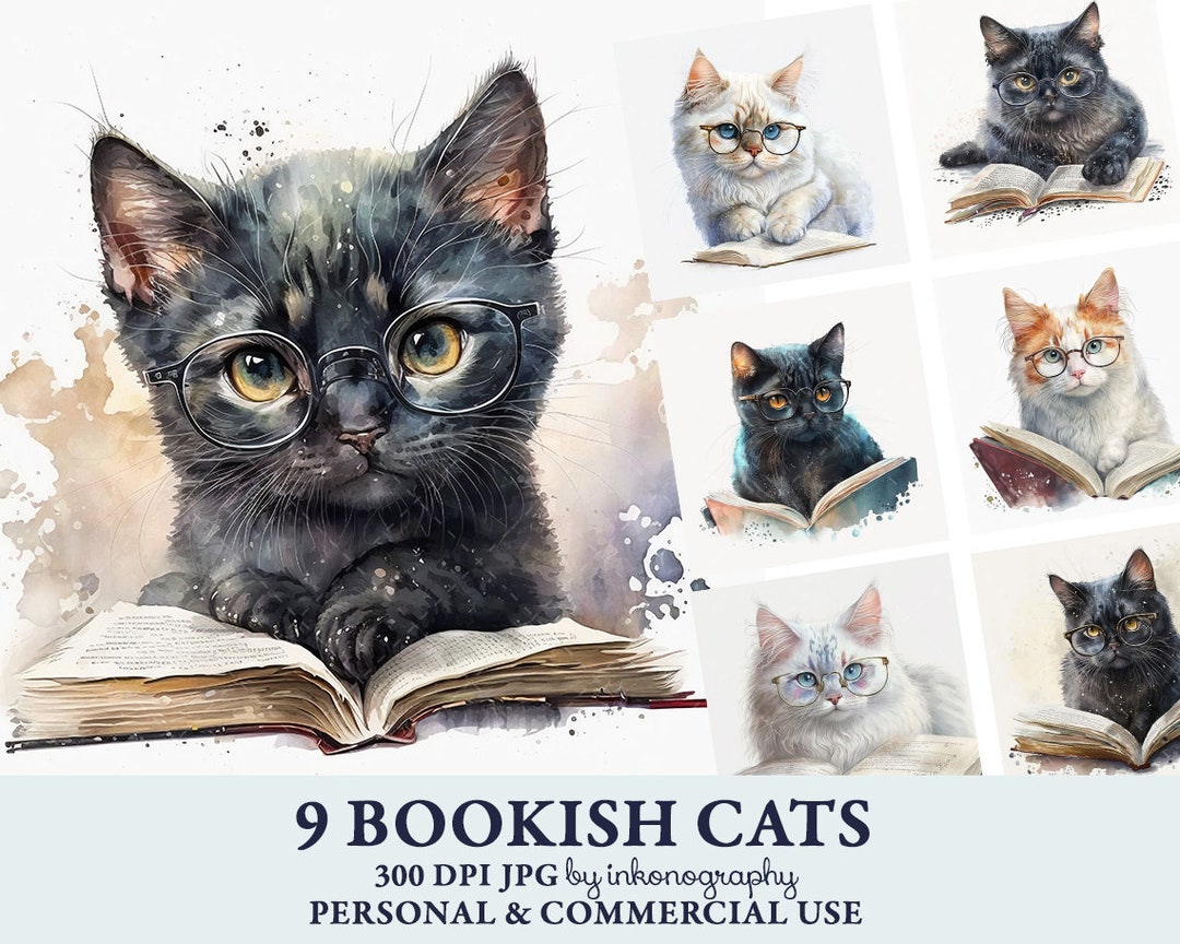 Cat Reading Book Clipart Bundle, Cute Watercolor Kittens, Cats in Specs ...