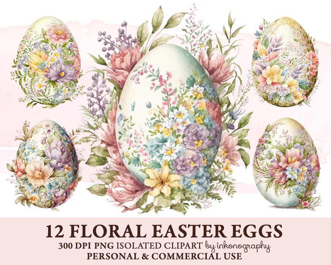 Floral Eggs Watercolor Clipart Bundle, Png, Fancy Easter Eggs, Hand ...