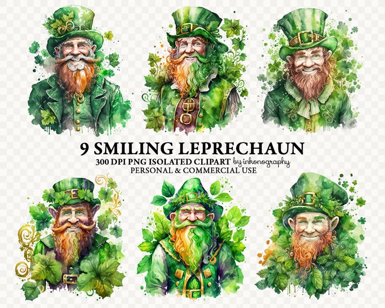 Watercolor Leprechaun Clipart Bundle, Png Smiling Leprechaun Gnomes Png ...