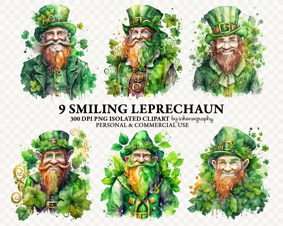 Watercolor Leprechaun Clipart Bundle, Png Smiling Leprechaun Gnomes Png ...