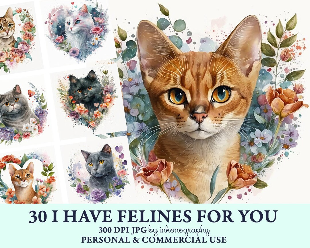 Cute Watercolor Kitten Clipart Bundle, Watercolor Floral Cats, Floral ...
