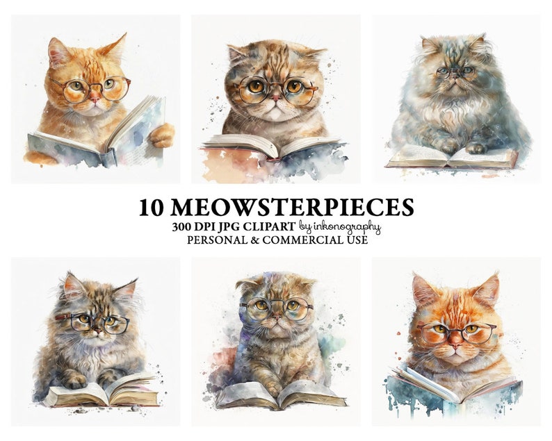 Cats With Glasses Clipart Bundle, Watercolor Cats, Funny Animals, Geeky ...