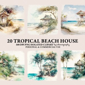 Tropical Beach House Clipart Bundle, Watercolor Ocean Clipart, Tropical ...