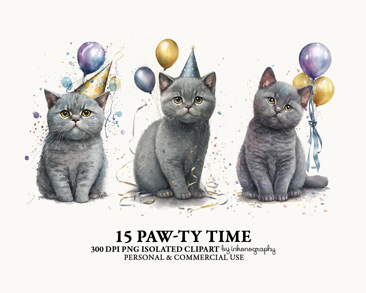 Watercolor Cat Clipart Bundle Birthday Cat PNG Cute Kitten - Etsy