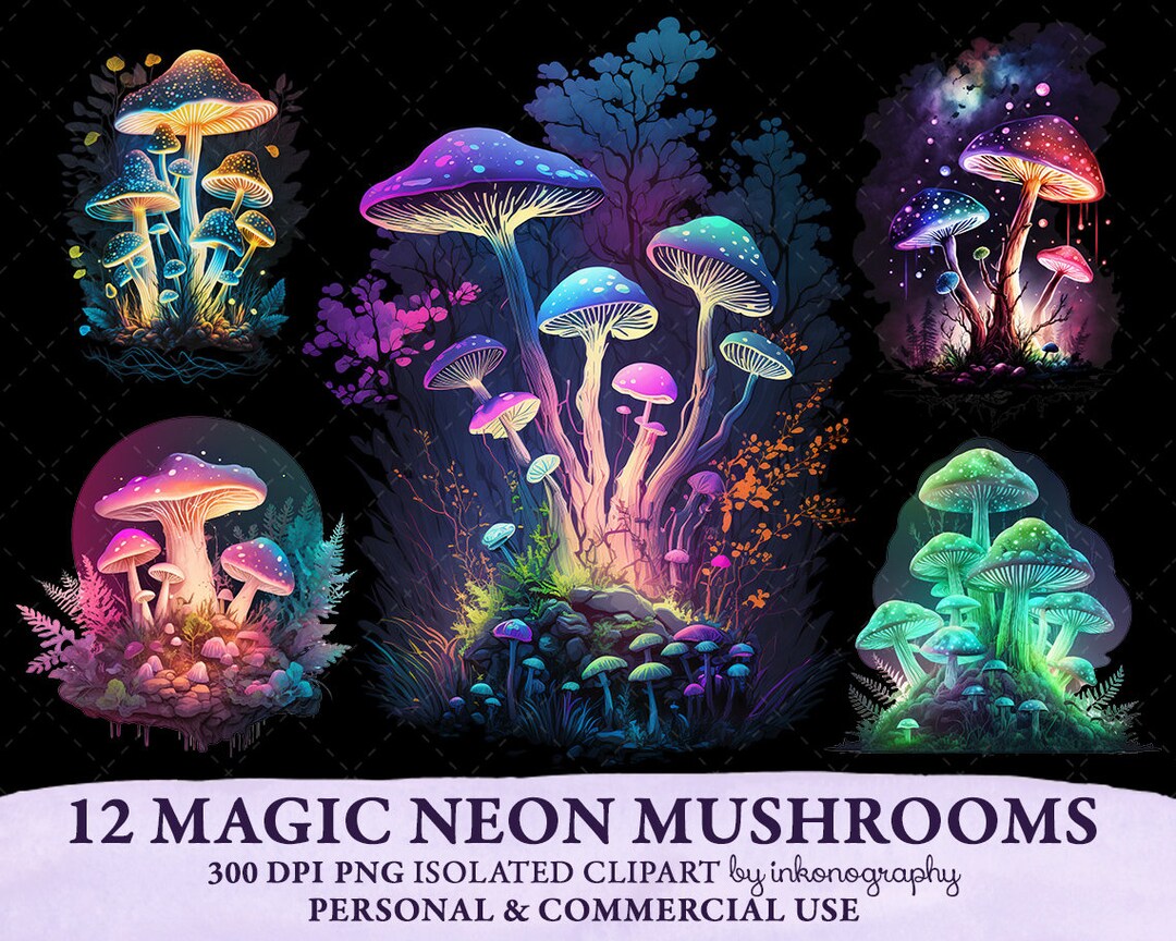 Magic Neon Mushrooms Clipart Bundle, Glowing Mushrooms Png, Neon ...
