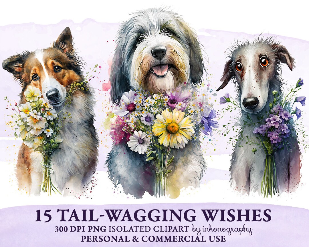 Watercolor Birthday Dog Clipart Bundle PNG Breeds English French ...
