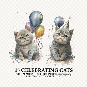 Birthday Cats Clipart Bundle Cute Watercolor Kittens PNG Funny Cats ...