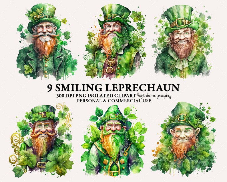 Watercolor Leprechaun Clipart Bundle, Png Smiling Leprechaun Gnomes Png ...
