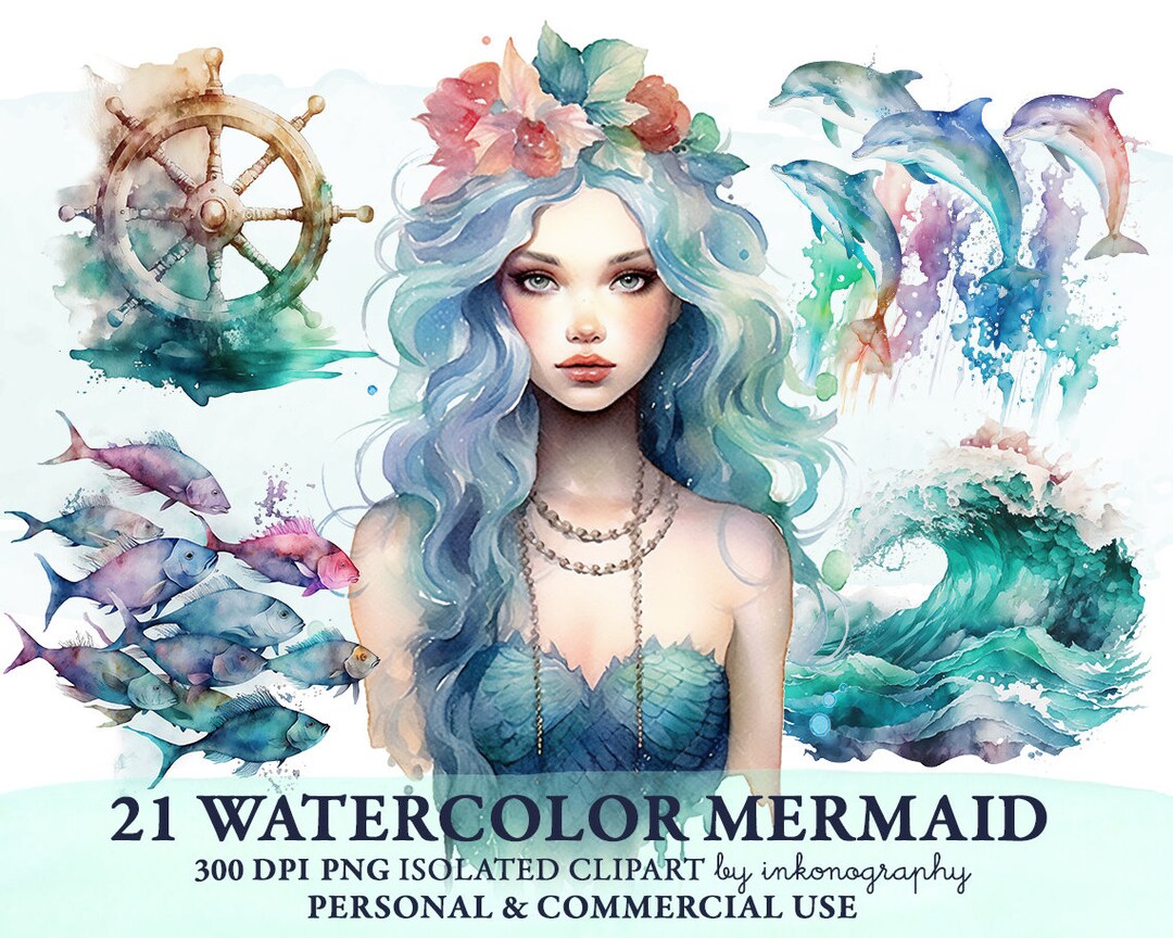 Watercolor Mermaid Clip Art Bundle, Pastel Mermaid Clipart, Mermaid ...