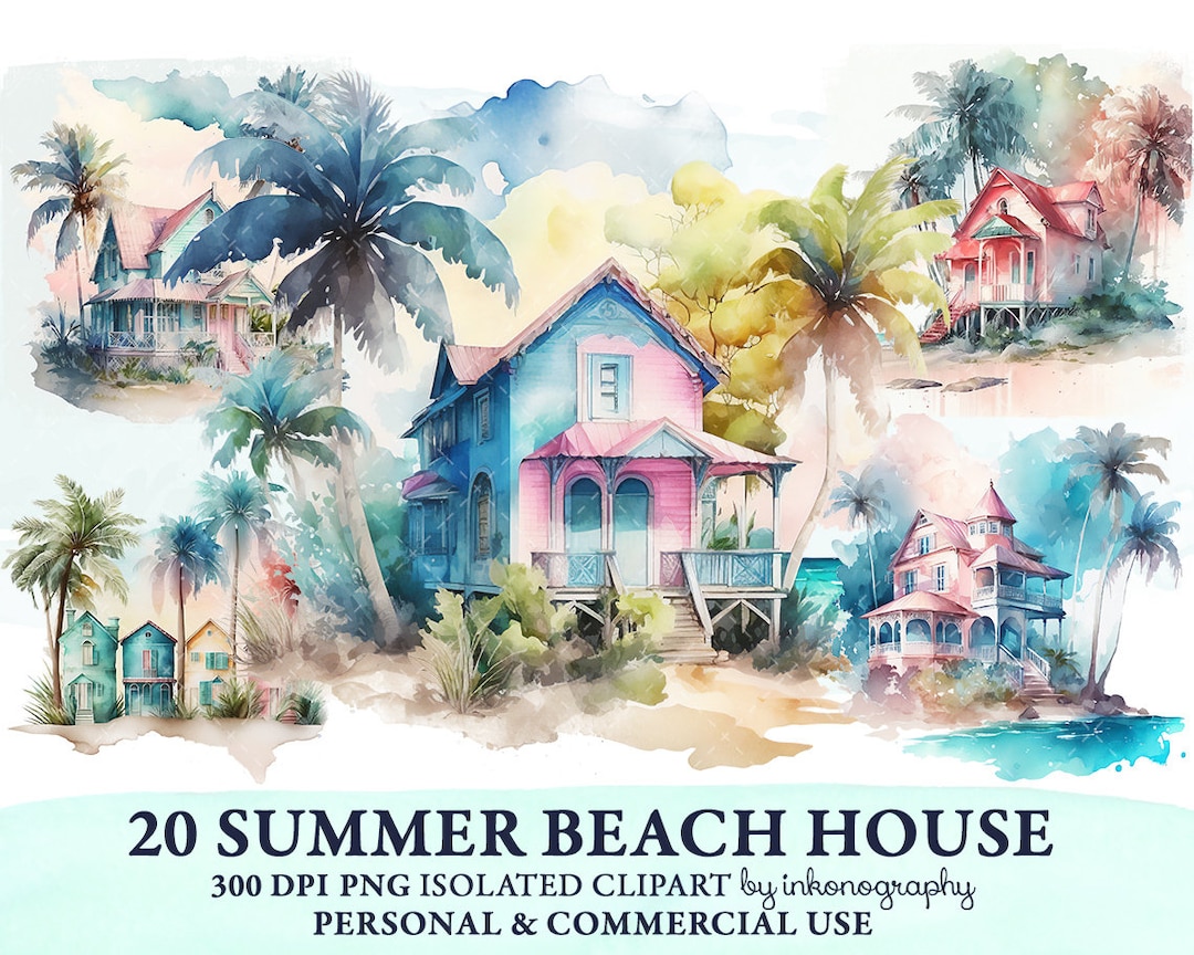 Printable Beach House Clipart Bundle, Beach Bungalow Home, Watercolor ...
