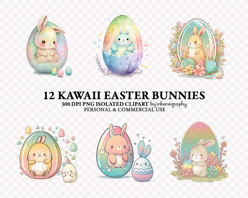 Kawaii Easter Bunny Watercolor Clipart Bundle, Png, Pastel Easter Eggs ...
