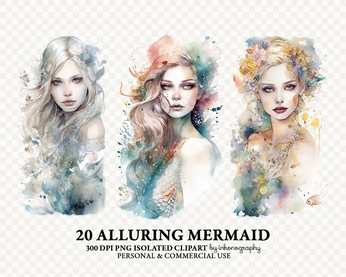 Beautiful Mermaid Clipart Bundle, Watercolor Mermaid Fantasy Clip Art ...
