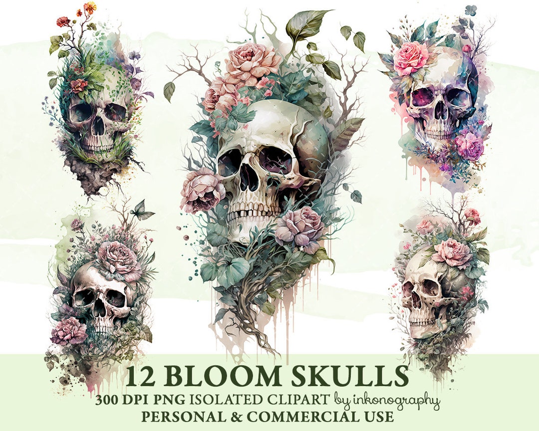 Bloom Skulls Watercolor Skull Clipart Bundle, Floral Skull Clipart, Png ...